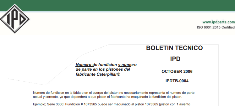 Numero de Fundicion y Numero de Parte en Los Pistones del Fabricante Caterpillar® | IPD
